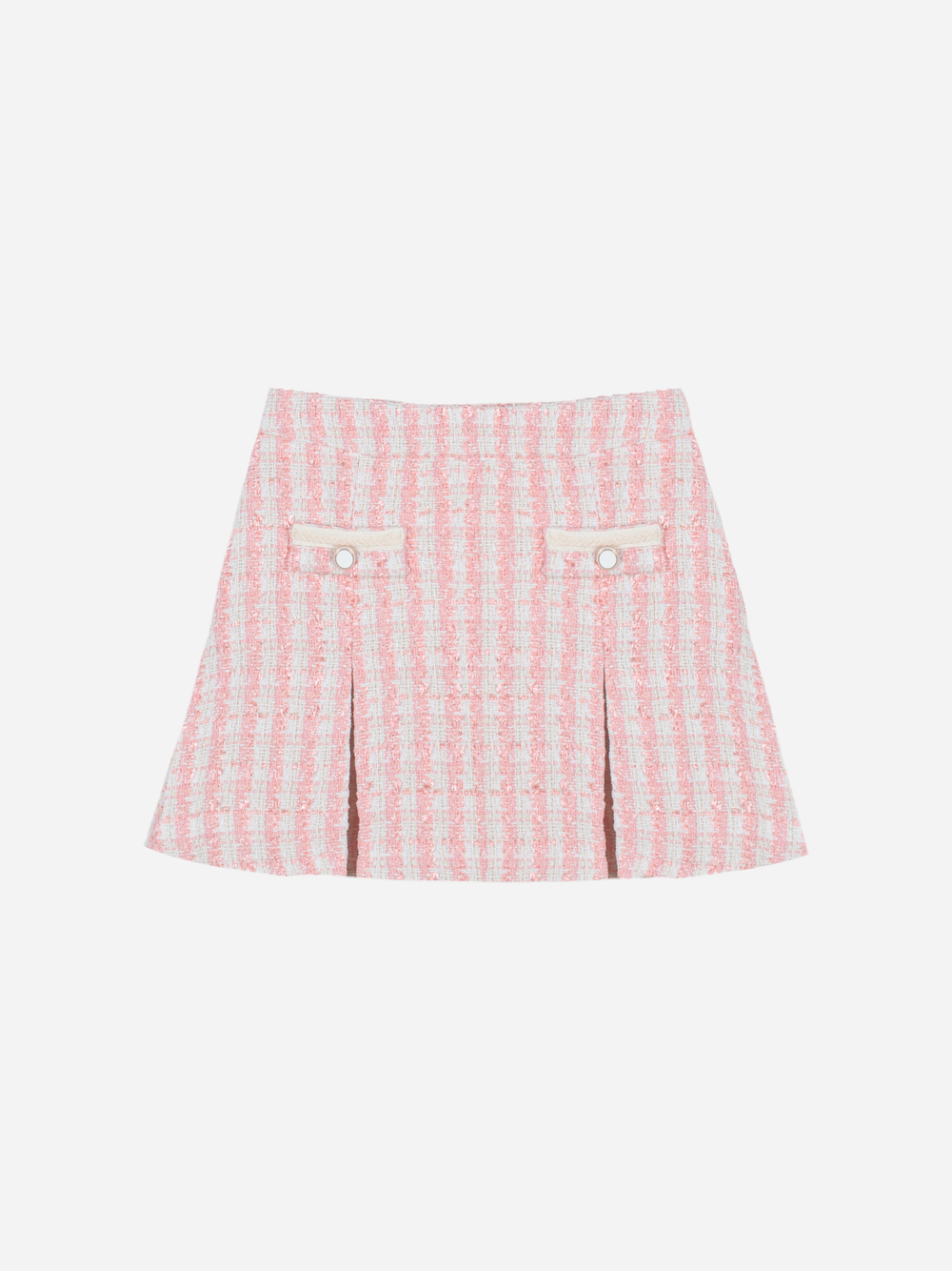 Pleated pale pink tweed skirt